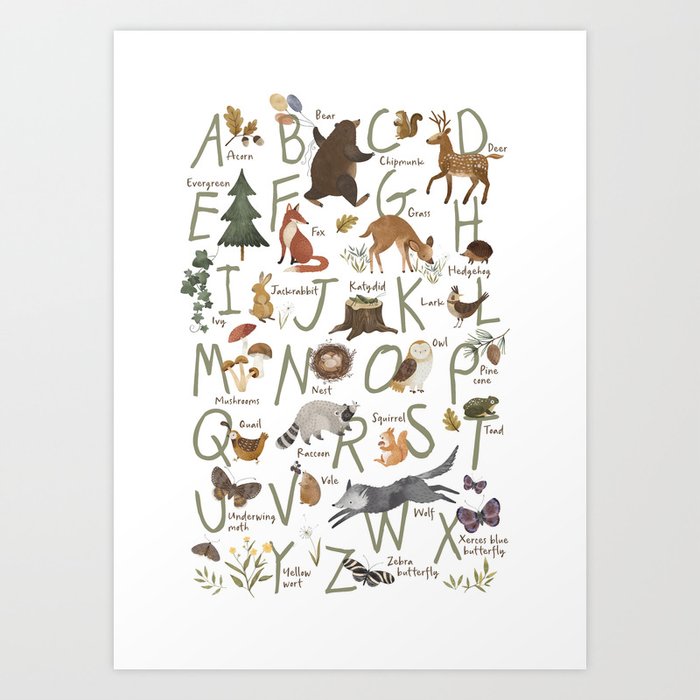 Woodland forest alphabet Art Print by Piccalilli Prints | Society6