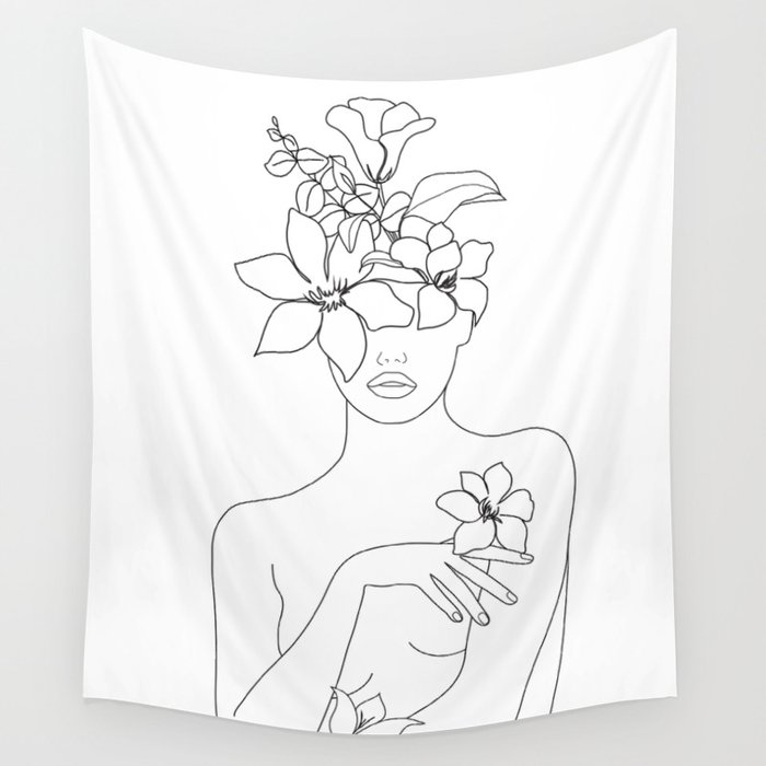 Minimal Line Art Woman With Flowers Iv Wall Tapestry By Nadja Society6